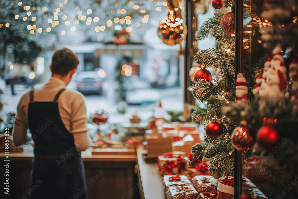 A cozy stall with Christmas decorations and souvenirs, decorated with ...