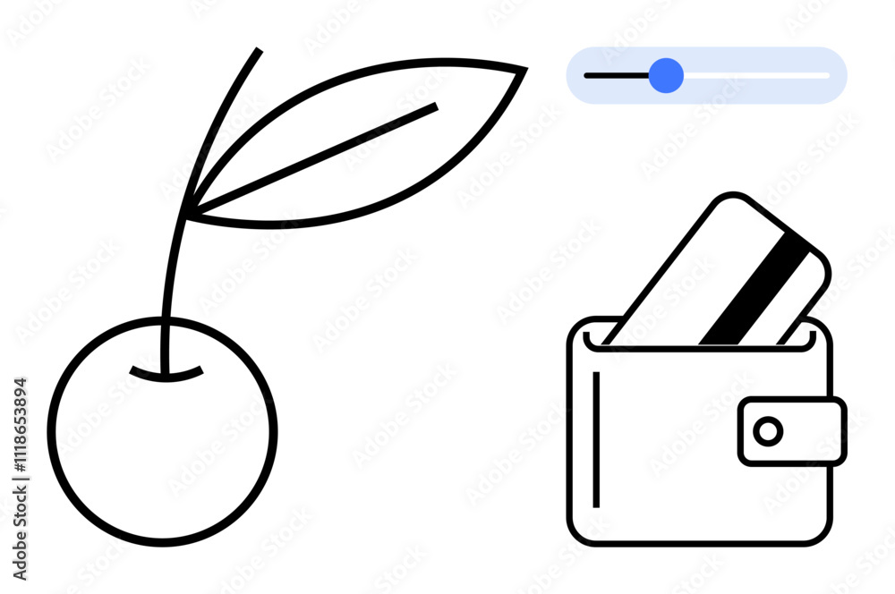 Cherry with leaves, wallet holding a card, and slider element. Ideal ...