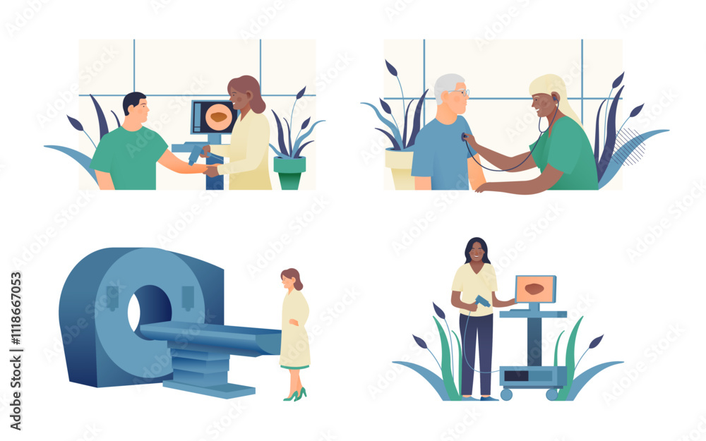 Set of Modern Flat Medical Insurance Illustrations. MRI Procedure ...