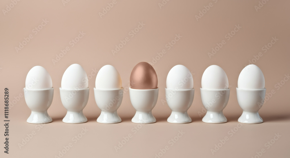Row of white eggs with one colored egg in the trending color of the ...