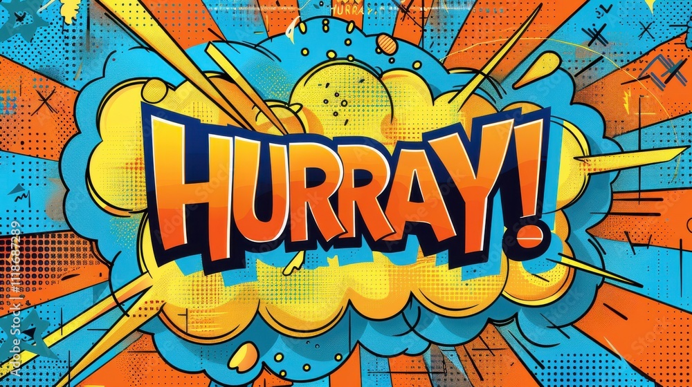 Pop art style comic speech bubble with "HURRAY!" text, bold colors, and ...