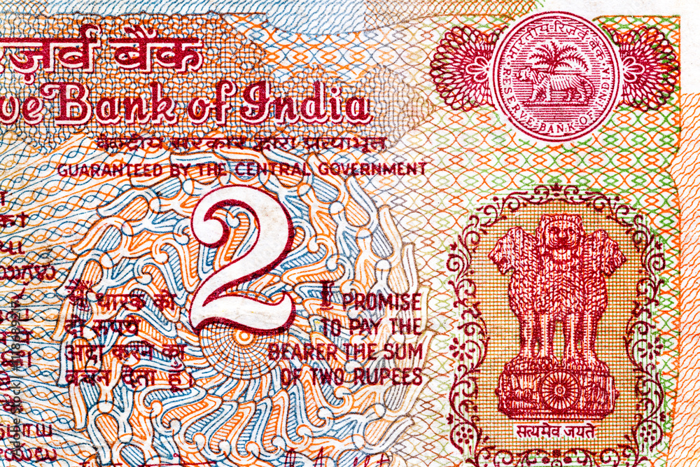 Vintage elements of old paper banknotes.Bonistics.2 rupees bank note of ...