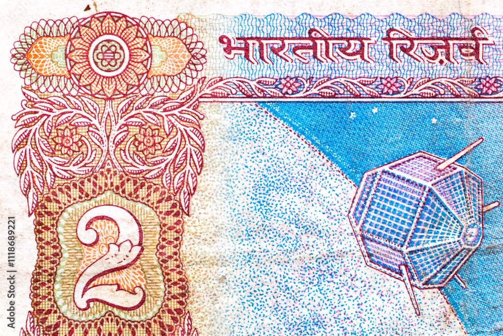 Vintage elements of old paper banknotes.Bonistics.2 rupees bank note of ...