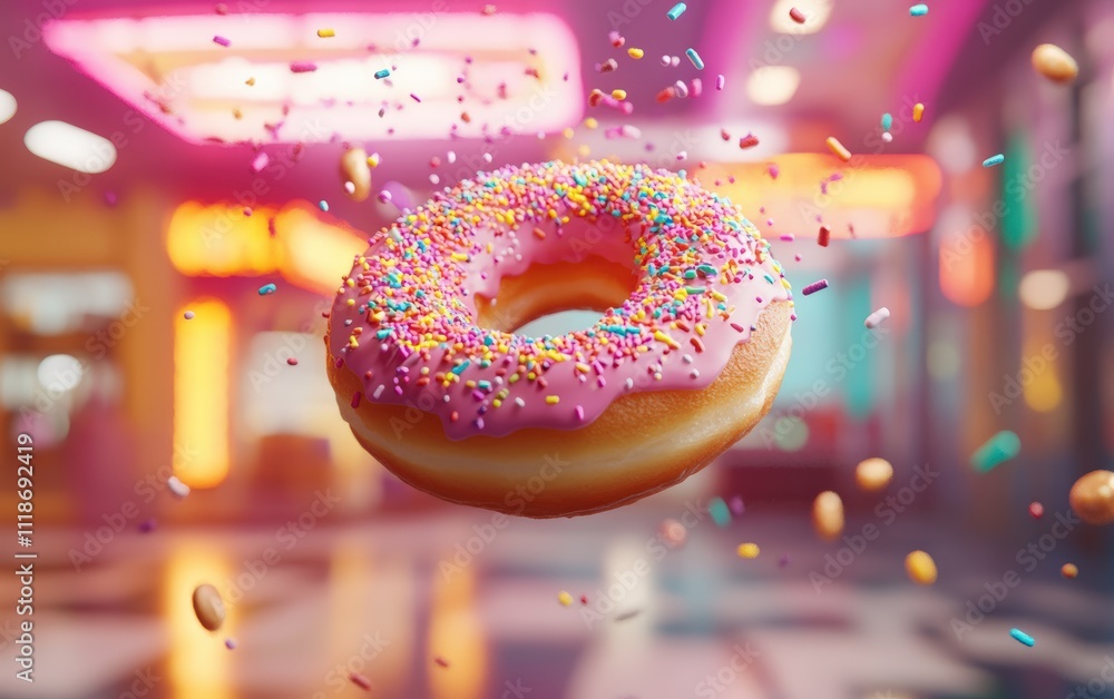 Donut Blast A glazed donut flying mid-air with colorful sprinkles ...