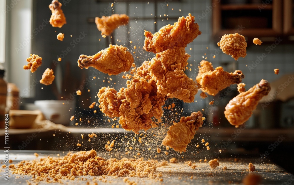 Foto de Stock Fried Chicken Blast Crispy fried chicken flying mid-air ...