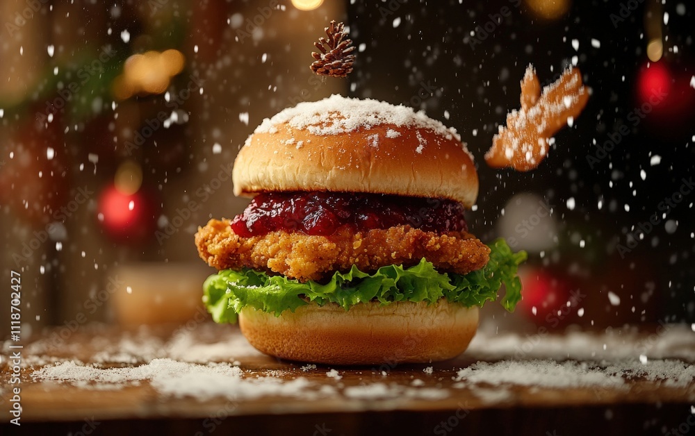 Holiday Chicken Burger A crispy chicken burger flying mid-air with ...