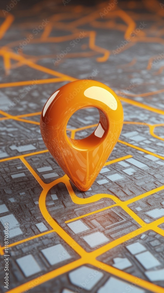 Bright orange location pin marks spot on a detailed map in a creative ...