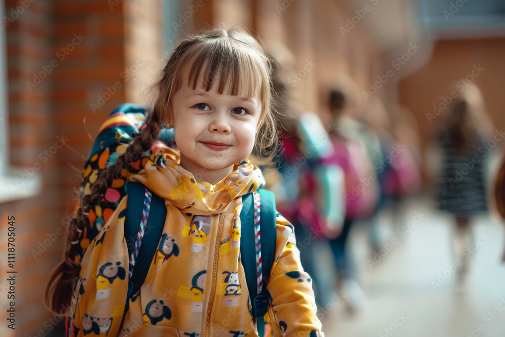 Portrait of cute little girl goes to school. Happy elementary student ...
