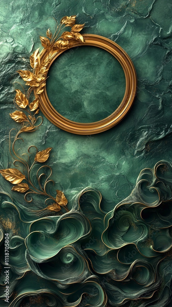 Elegant green background with golden swirls and a circular frame in the ...