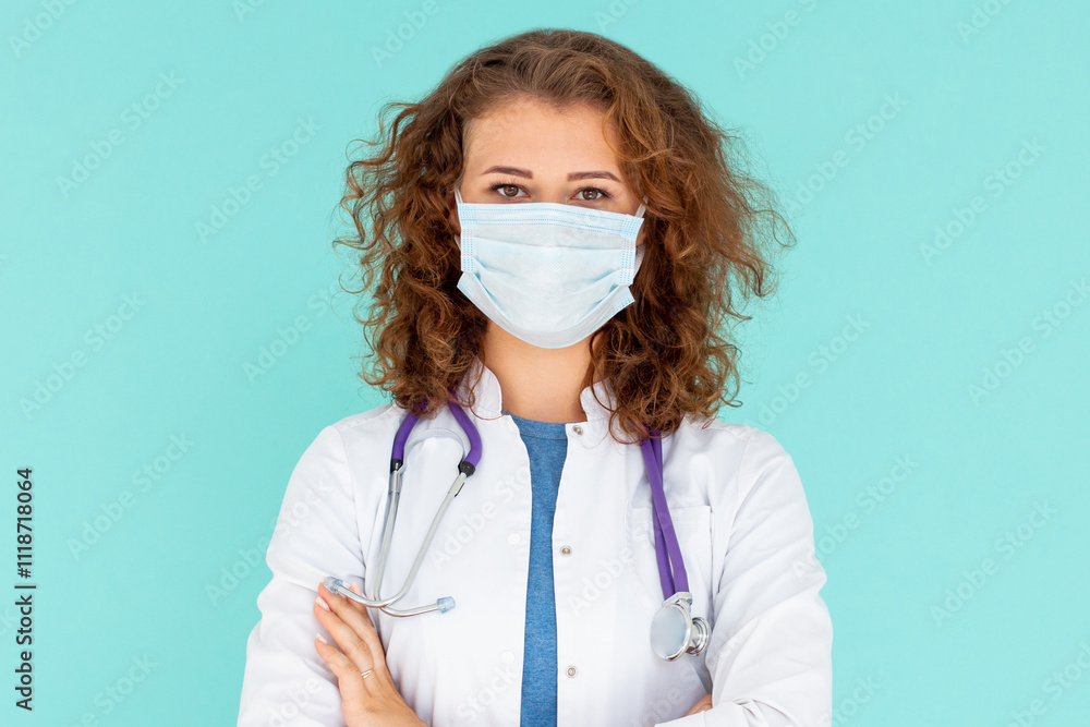 Portrait, woman and doctor with face mask in hospital of healthcare ...