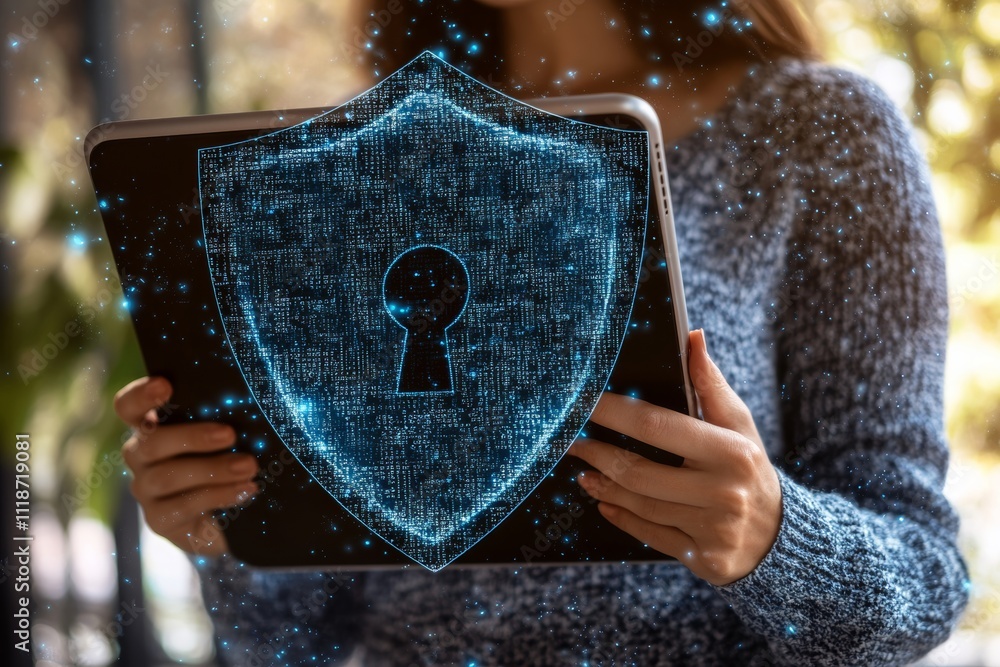Utilizing a tablet with integrated lock security and a holographic woman to protect data ...