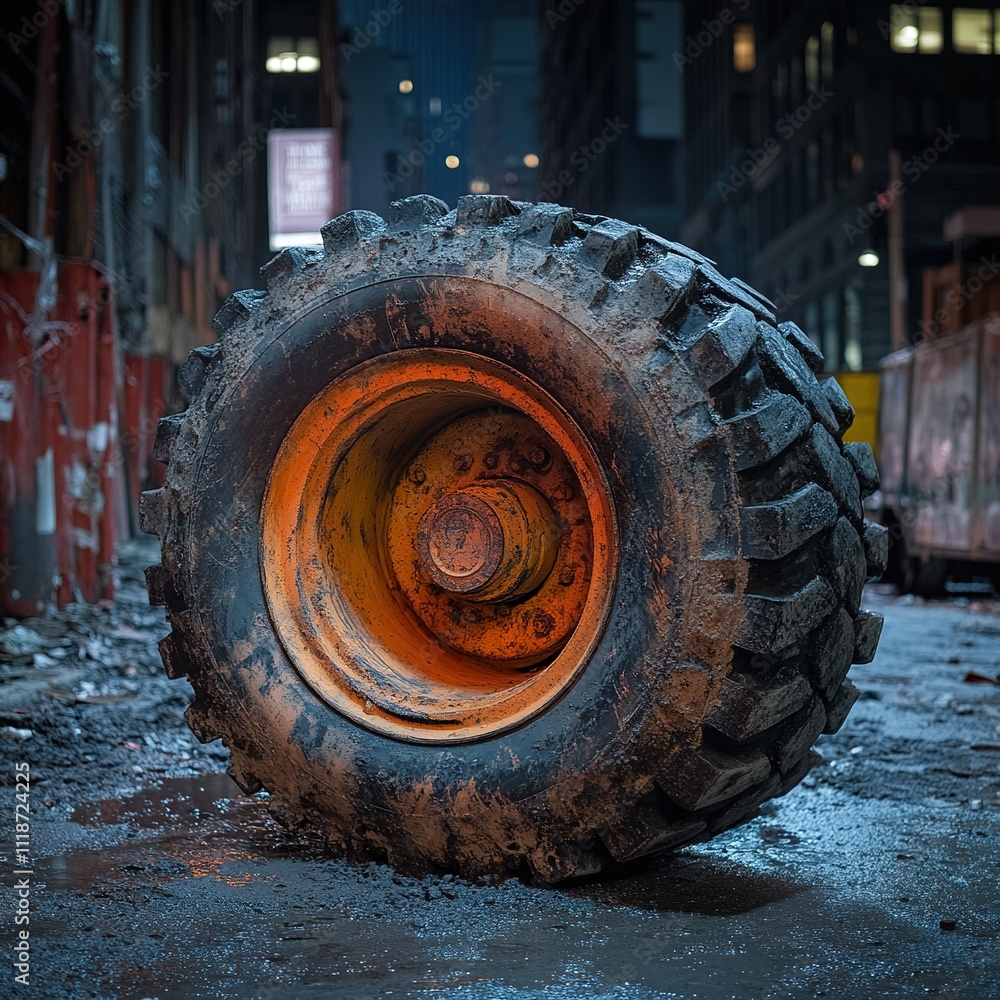 Heavy machinery tire on urban construction site industrial photography ...