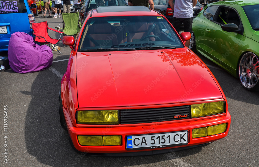 Red sports 1990 Volkswagen Corrado G60 with its distinctive wedge ...
