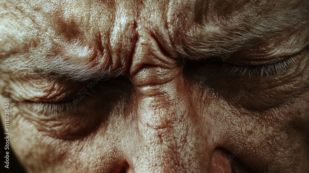 Persons face contorted in pain, subtle expression, focus on furrowed ...