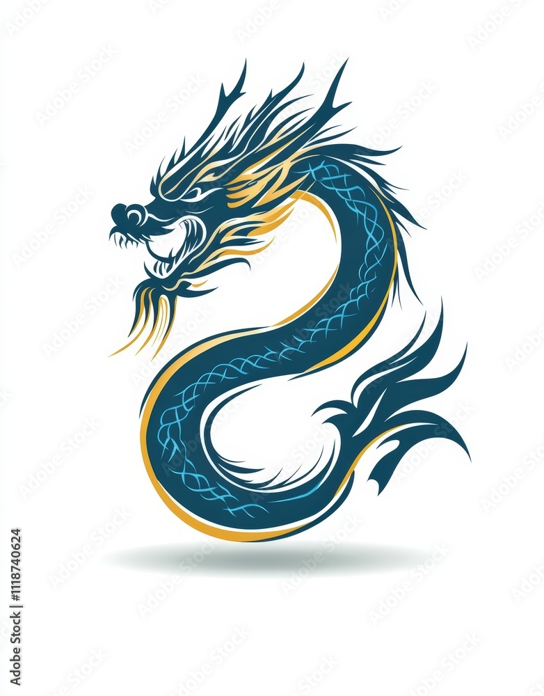 Stylized Blue and Gold Dragon Illustration Chinese Dragon Symbol ...