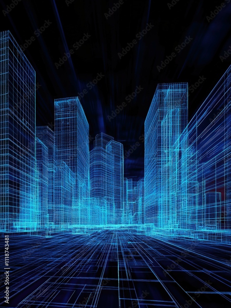 Abstract 3D city model wireframe perspective night blue architectural ...