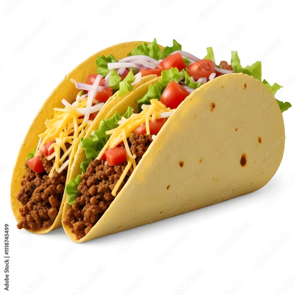 Two hard shell tacos filled with ground beef, lettuce, tomatoes, and ...