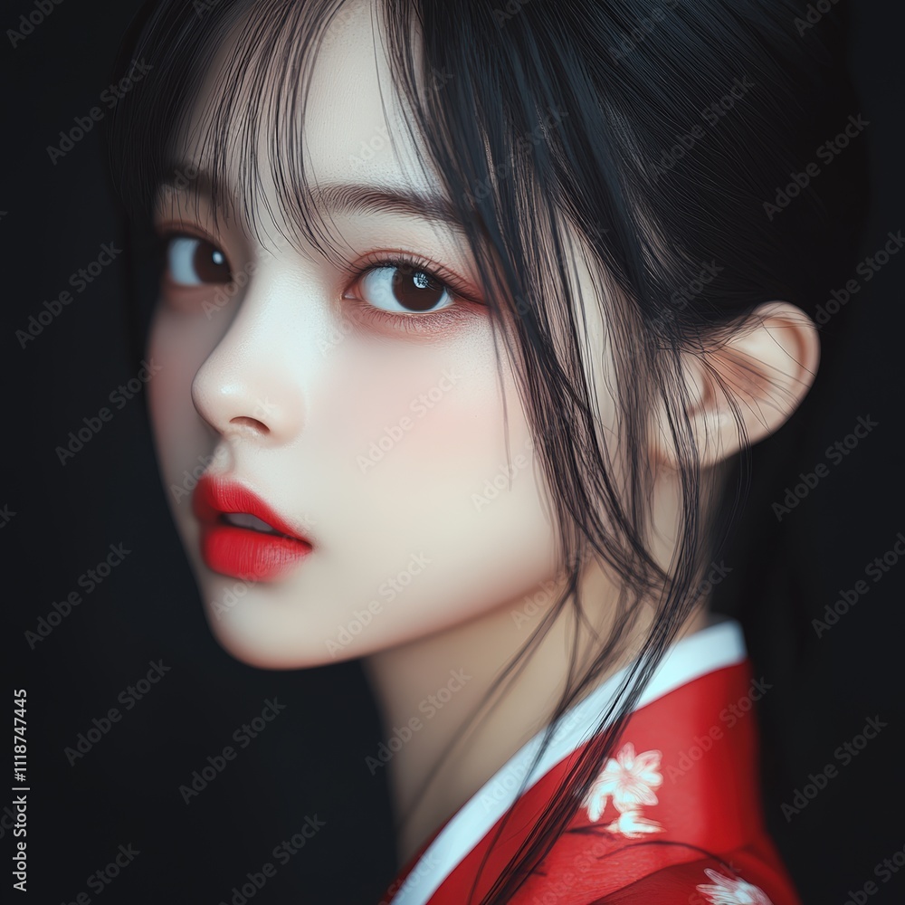 Beautiful Young East Asian Woman with Red Lips and Traditional Clothing ...