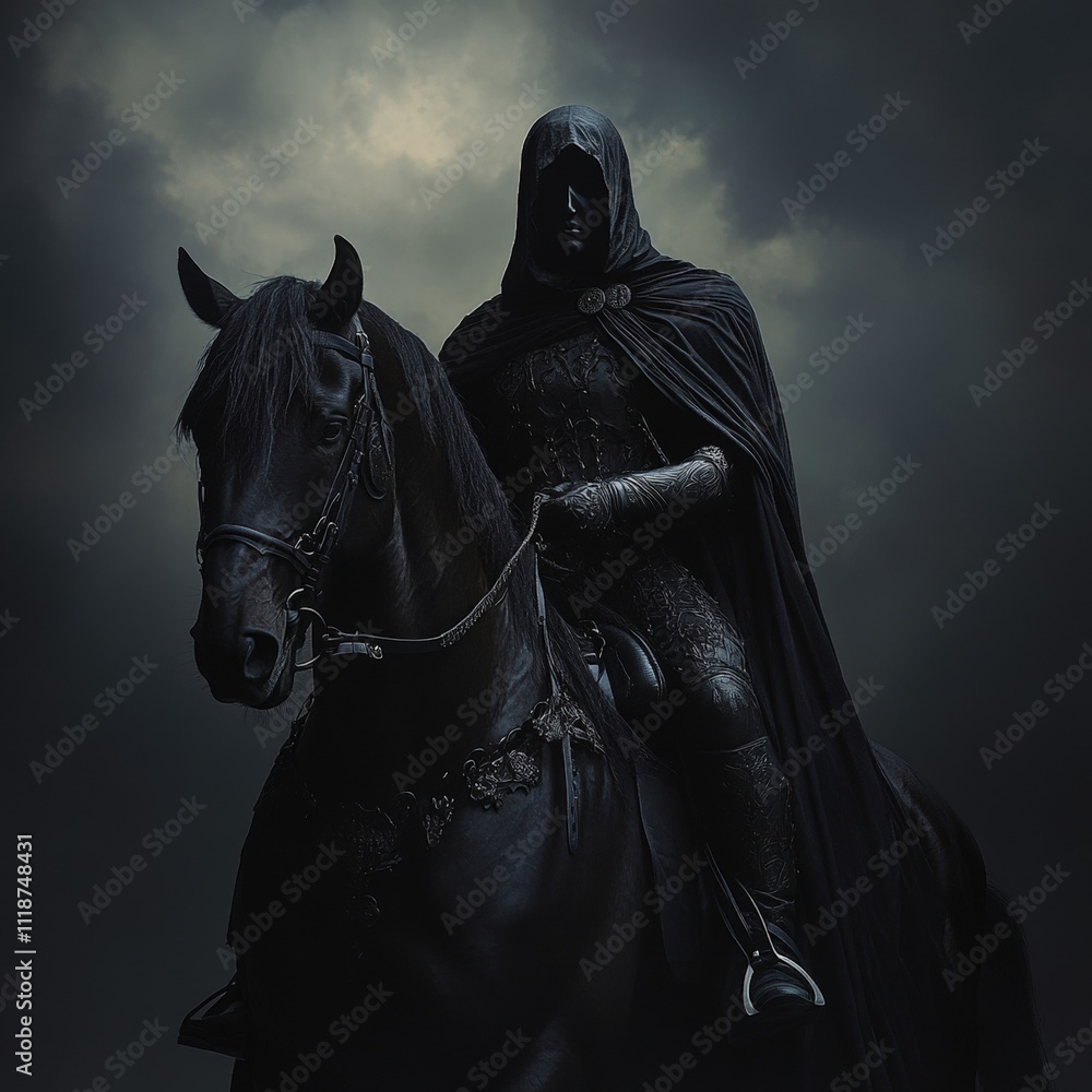 Dark fantasy warrior in black cloak riding black horse under stormy sky ...