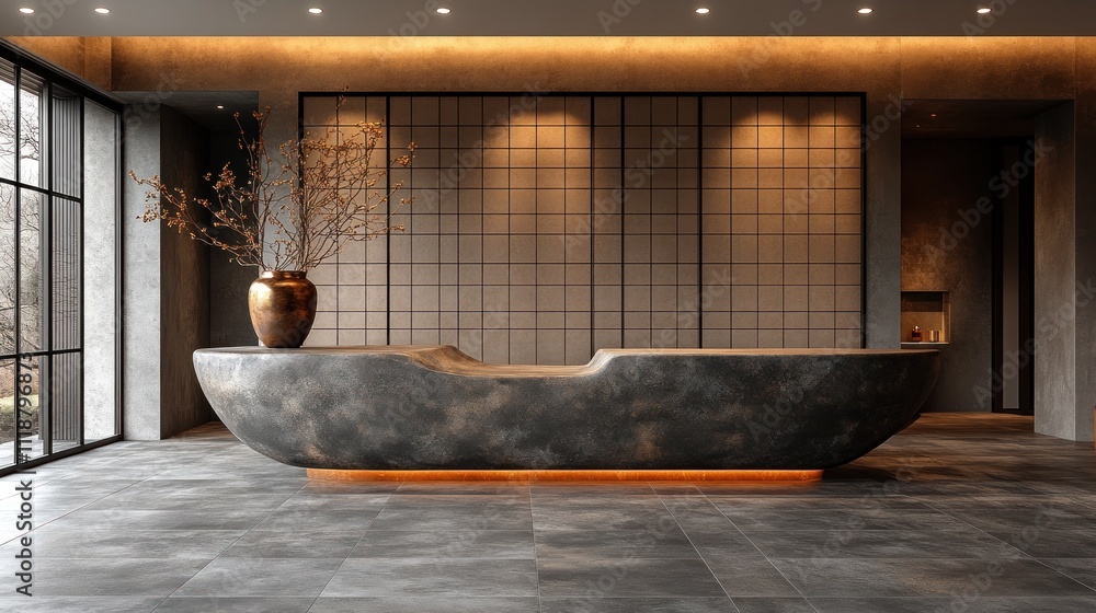 Modern minimalist reception desk in a luxury lobby with concrete walls ...
