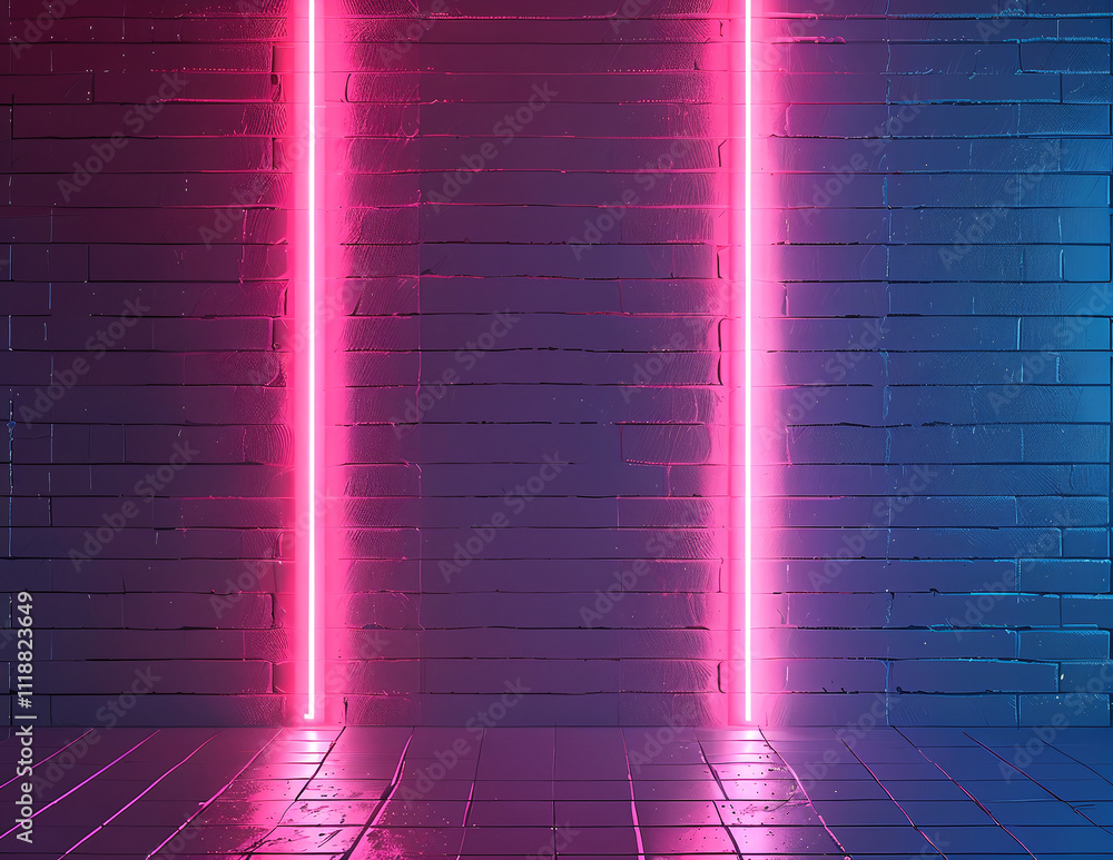 Lamps on brick wall tiles in club style vaporwave gradient background ...