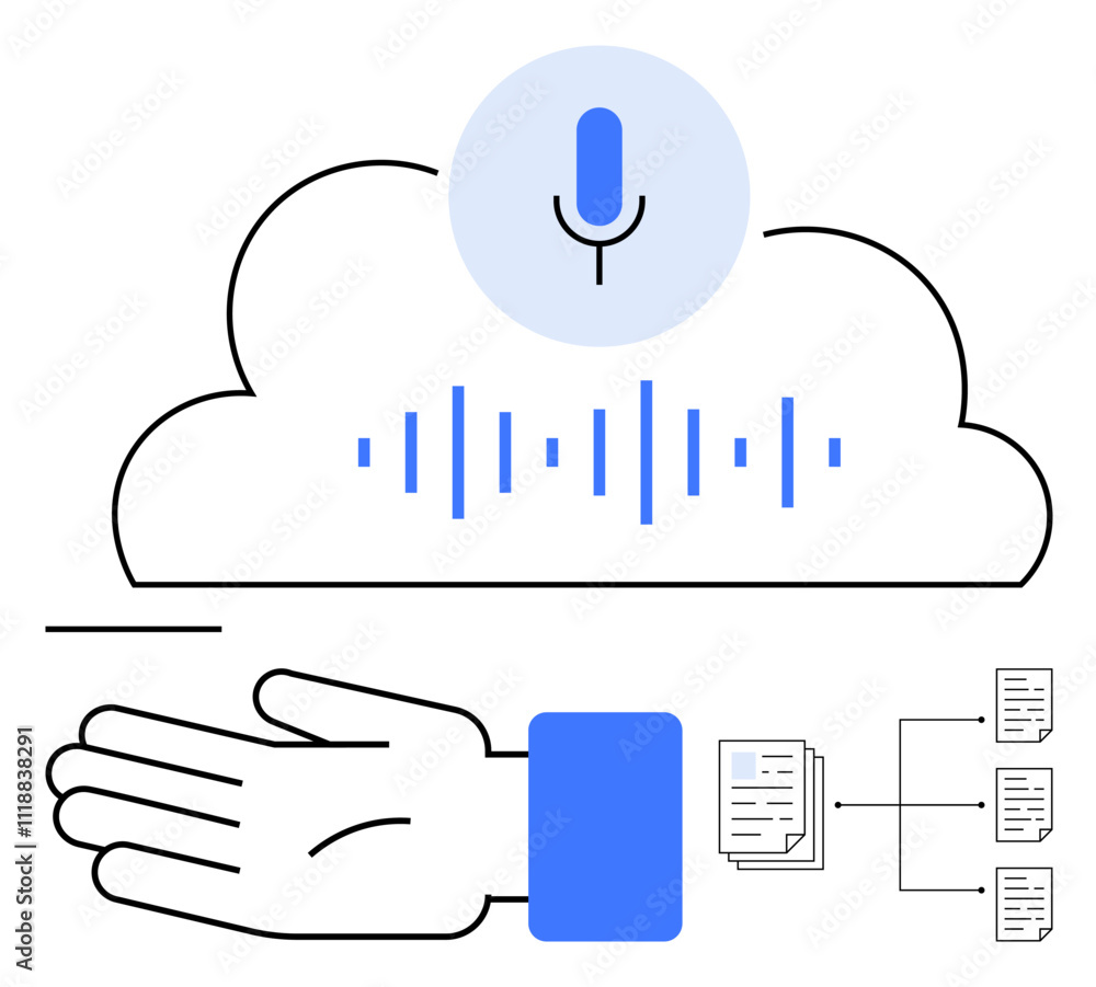 Cloud with microphone and sound waves above hand, document and flow ...