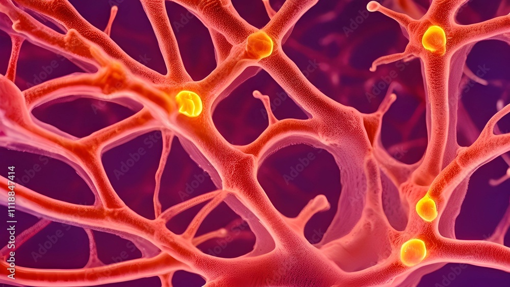 Microscopic Network of Red Branching Filaments with Yellow Nodes Stock ...