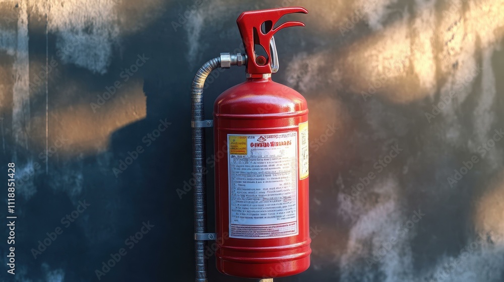 Red fire extinguisher mounted on wall, safety equipment for emergency ...