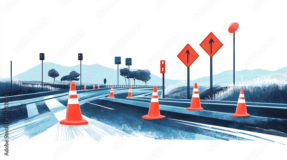 Road construction illustration shows a highway with traffic cones, road ...