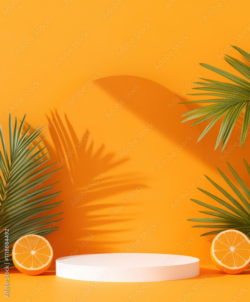 Vibrant Orange Background with Tropical Leaves and Fresh Oranges for ...