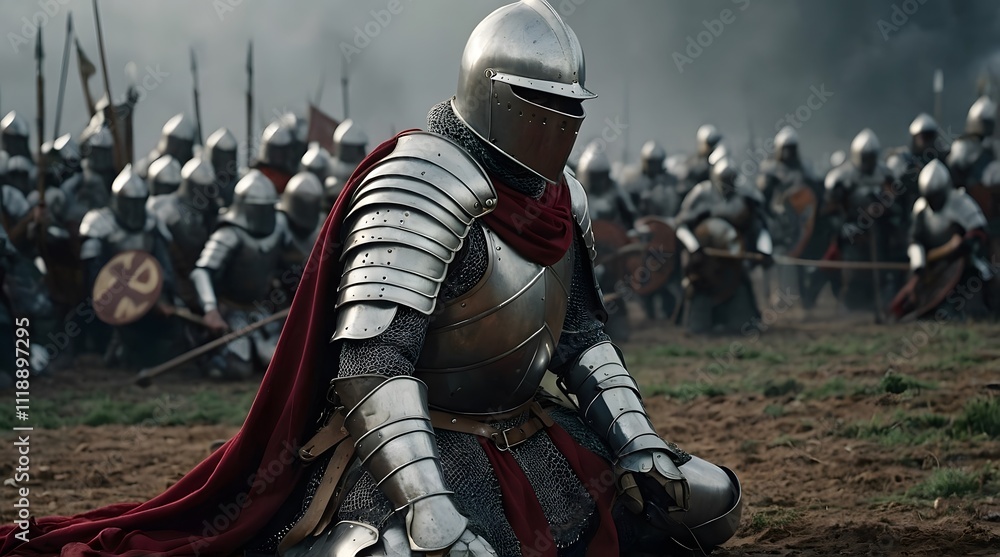 Knight in Full Armor Kneeling in Prayer Amidst a Battlefield ,Symbol of ...