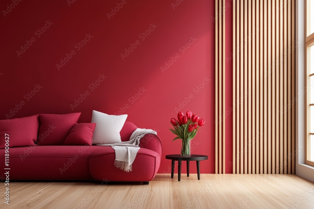 Minimalist living room design with red accent wall and wooden floor ...