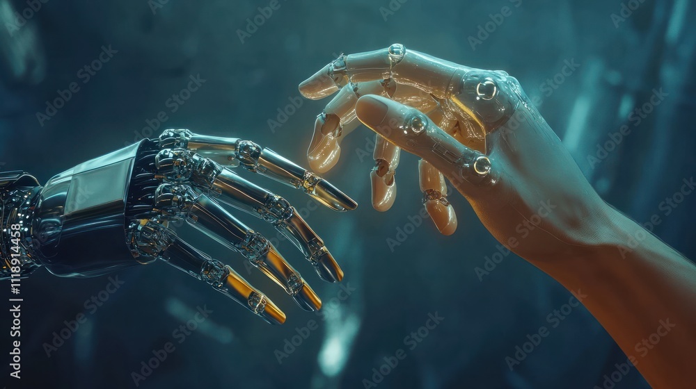 AI, Machine learning, Hands of robot and human touching on big data network connection, Data ...