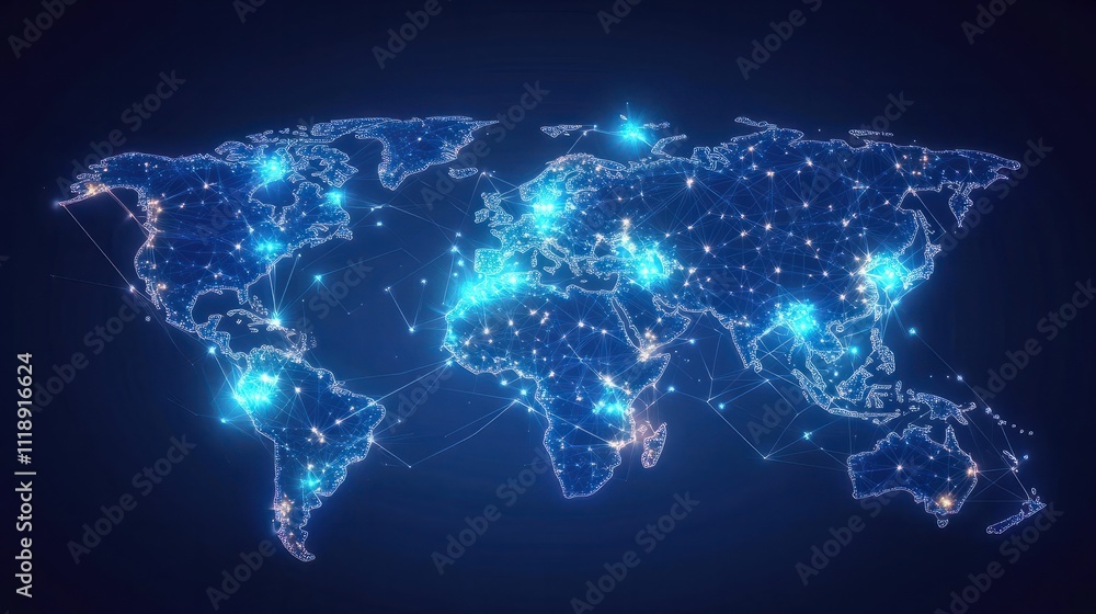 dynamic digital world map emphasize Western Europe continental for AI powered global network ...