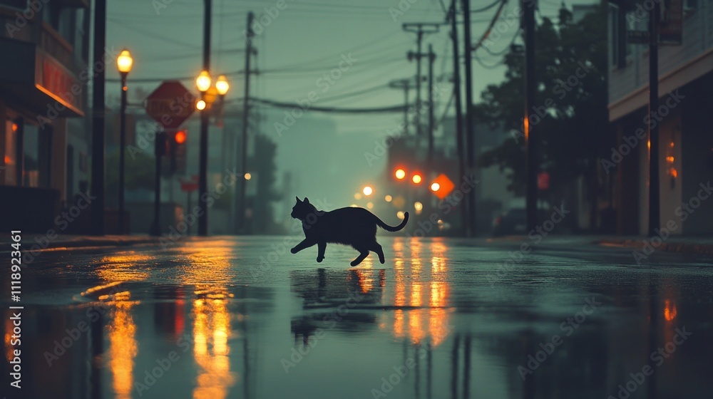 Black cat running on a rain-slicked city street at night, lights ...