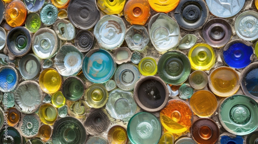 Numerous colorful glass bottle bottoms are embedded in a wall, creating ...