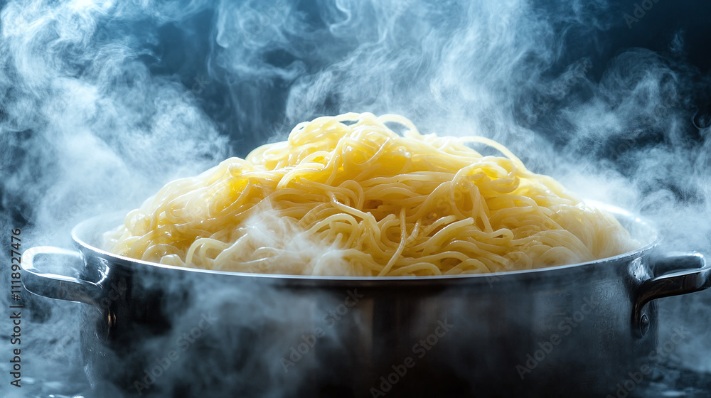 Steaming spaghetti pot top view, aromatic table dinner plate pasta ...