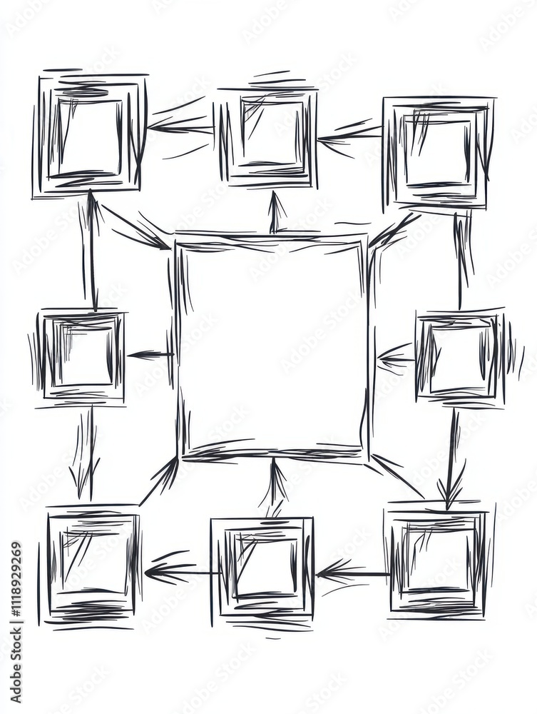 Mind map sketch. Hand drawn blank square diagram, mind mapping, flow chart with empty space for ...