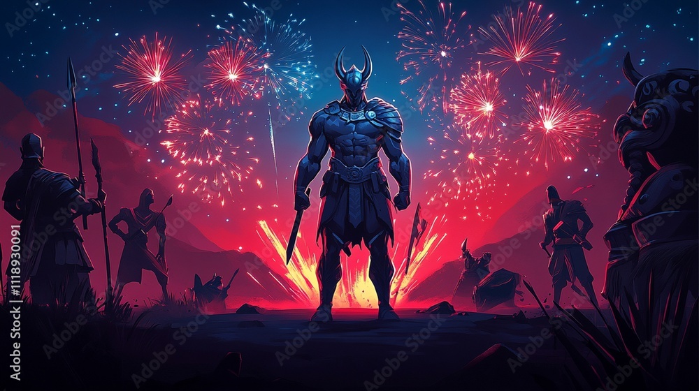 Ares in a minimalist battle stance, surrounded by symbols of strength ...