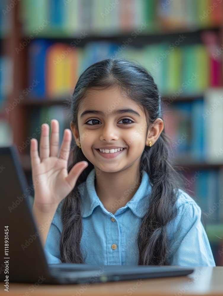 Smiling indian latin deaf disabled child school girl learning online ...
