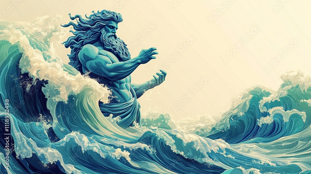Poseidon rising from the ocean waves, heralding the New Year with a ...