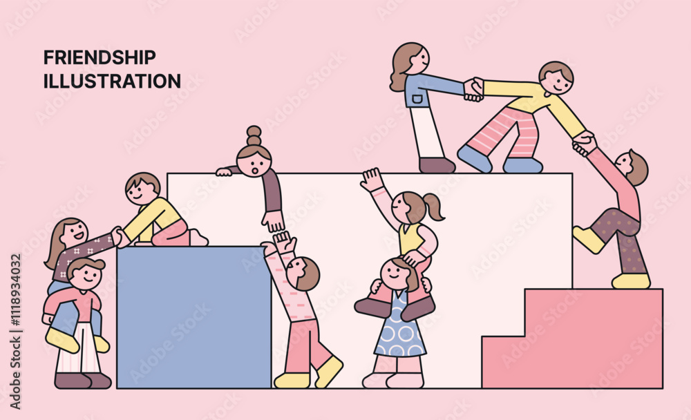 Friends are helping each other up the stairs. They are holding hands ...