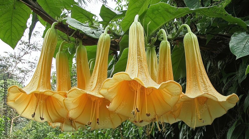Cluster of pale yellow angel's trumpets hanging from a branch. Stock ...