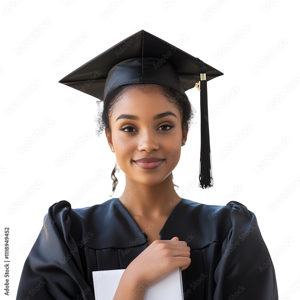 Graduation portrait with cap and gown, female african graduating ...