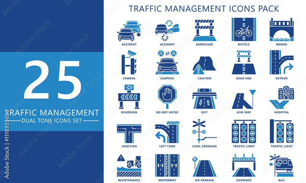 Traffic management dual tone icons set. contain accident, barricade ...