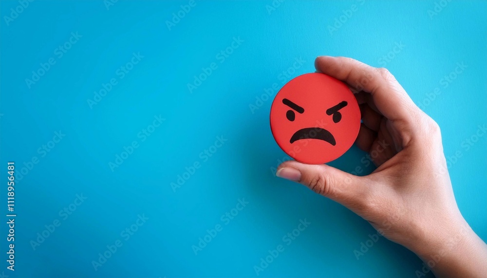Emojis emoticon, mad, evil, angry and cruel red emoji. A hand holds a ...
