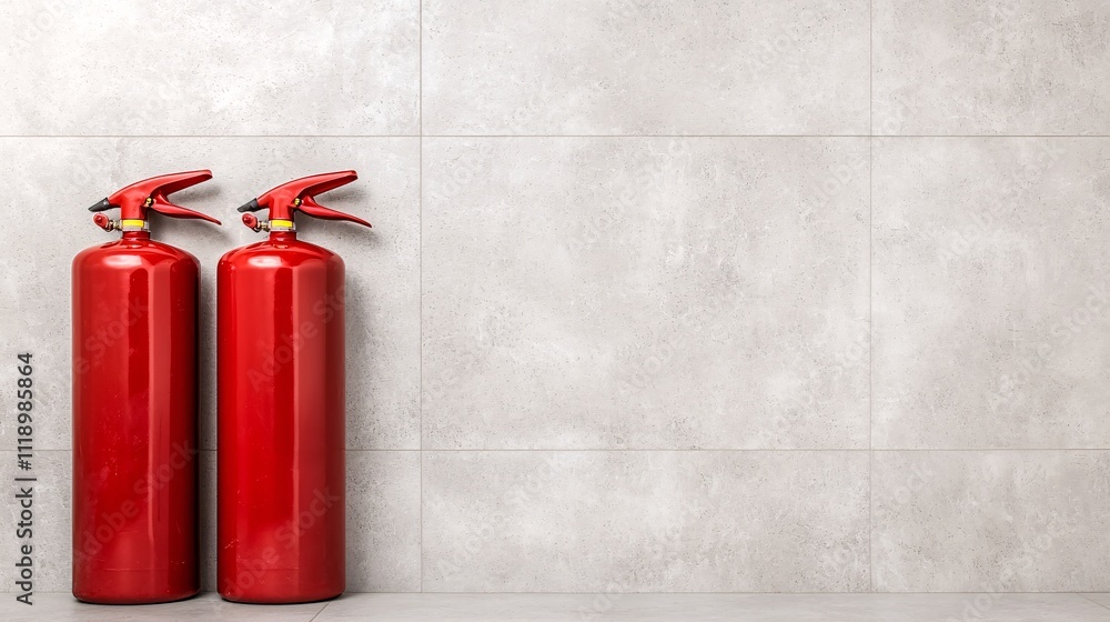 Fire alarm safety response concept. Red fire extinguishers against a ...
