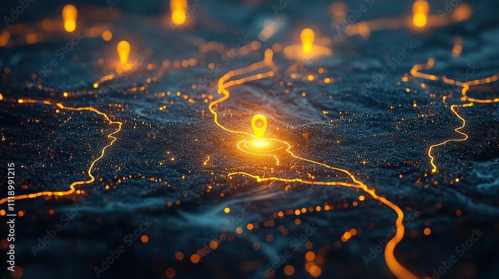 Glowing location pins on a map with dynamic lines connecting them ...