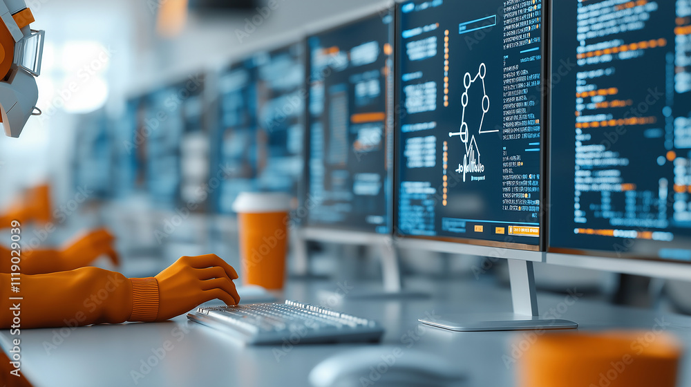 virtual classroom with multiple monitors displaying coding and data ...