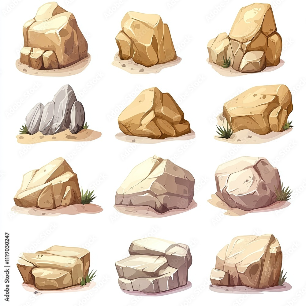Twelve Cartoon Rocks in Various Shapes, Sizes, and Colors on Sandy ...